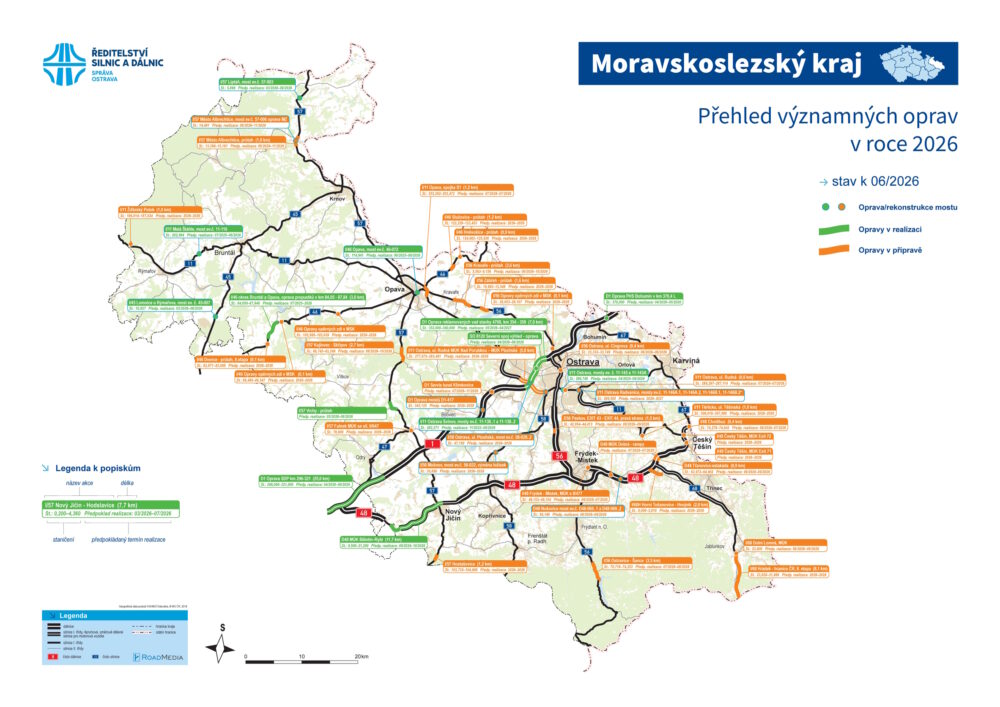 Mapa významných oprav ŘSD v Moravskoslezském kraji (červen 2026) | Kurzy.cz