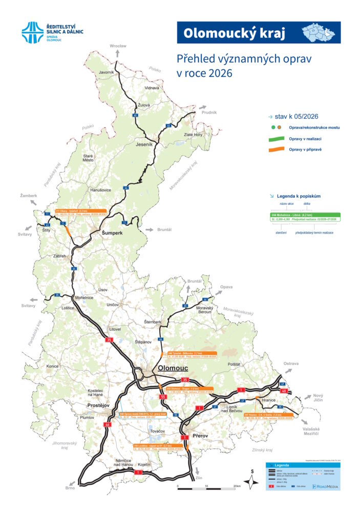 Mapa významných oprav ŘSD v Olomouckém kraji (květen 2026) | Kurzy.cz